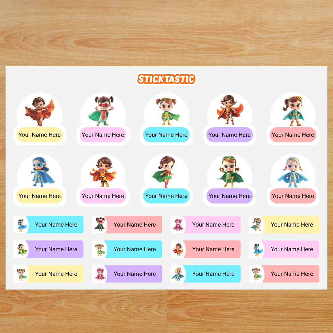 Superhero Girl Theme - Customized Name Labels for Kids (22 Stickers ...